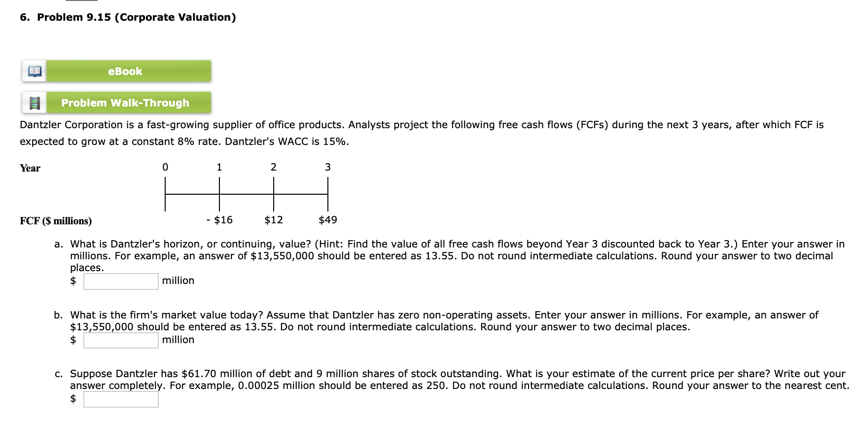 Solved 6. ﻿Problem 9.15 (Corporate Valuation)eBookProblem | Chegg.com