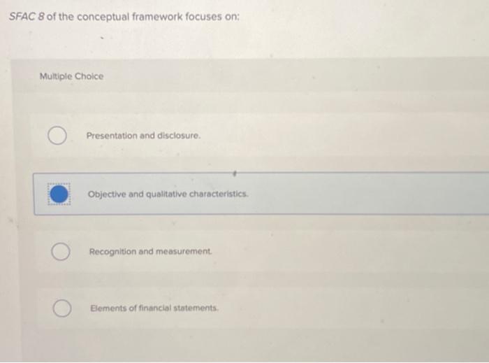 Solved SFAC 8 of the conceptual framework focuses on: | Chegg.com