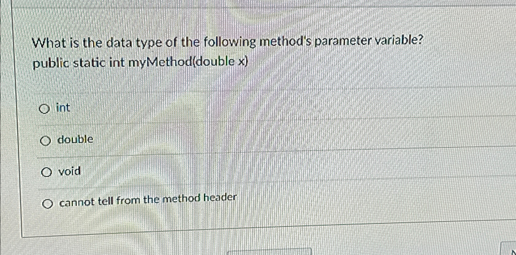 Solved What is the data type of the following method's | Chegg.com