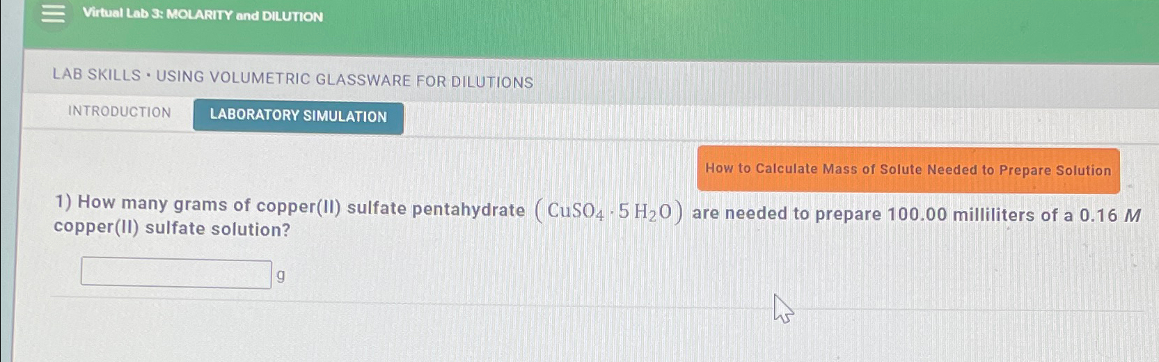 Virtual Lab 3: MOLARITY and DILUTIONLAB SKILLS * | Chegg.com