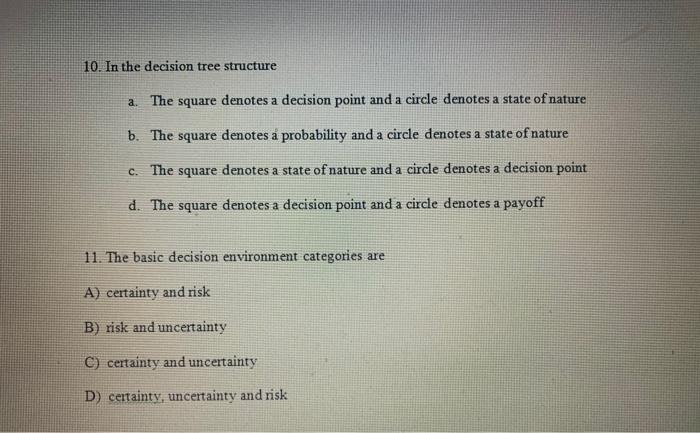 Solved 10. In the decision tree structure a. The square | Chegg.com