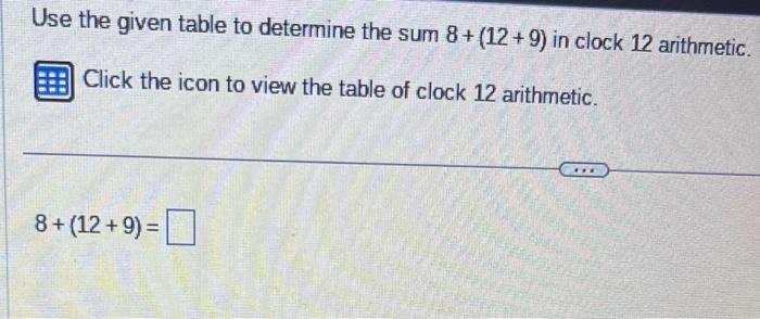 Solved Use the given table to determine the sum 8+(12+9) in | Chegg.com