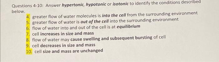 Solved Questions 4-10: Answer hypertonic, hypotonic or | Chegg.com