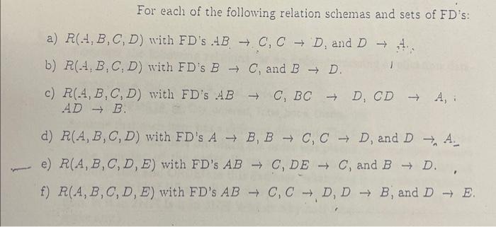 Solved For each of the following relation schemas and sets | Chegg.com