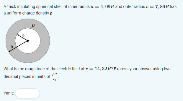 Solved A thick insulating spherical shell of inner radius | Chegg.com