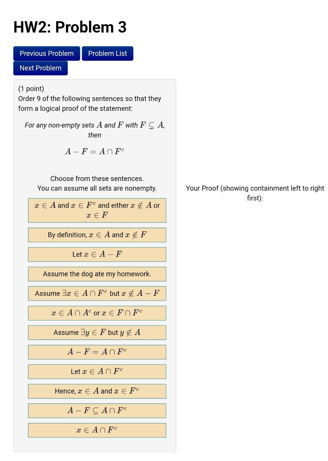 Solved (1 point) Order 9 of the following sentences so that | Chegg.com