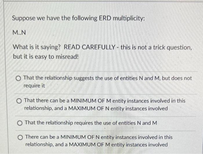 Solved Suppose we have the following ERD multiplicity: M..N | Chegg.com
