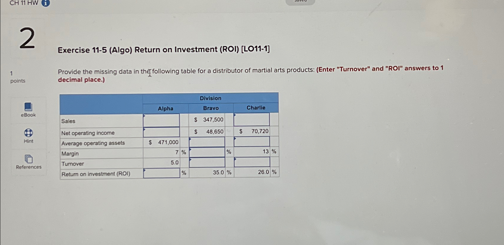 Solved CH11HW (i)2Exercise 11-5 (Algo) ﻿Return on Investment | Chegg.com