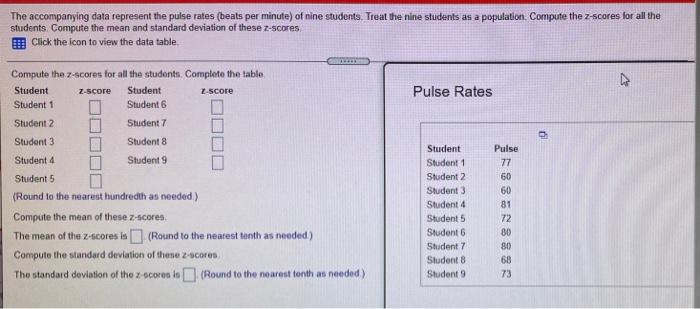 Solved The accompanying data represent the pulse rates | Chegg.com