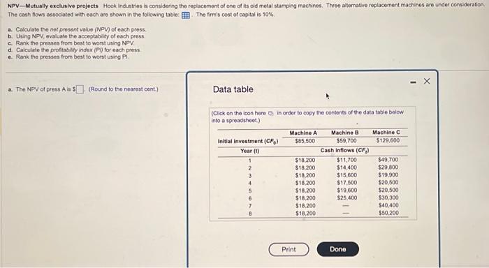 Solved NPV-Mutually exclusive projects Hook Industries is | Chegg.com