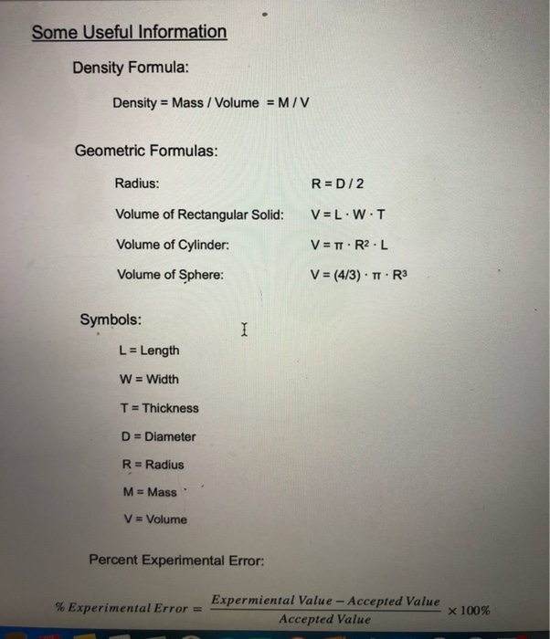 Solved Some Useful Information Density Formula: Density = | Chegg.com