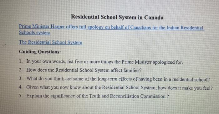 Residential School System in Canada Prime Minister | Chegg.com