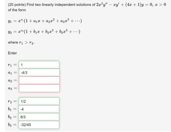 Solved (20 points) Find two linearly independent solutions | Chegg.com