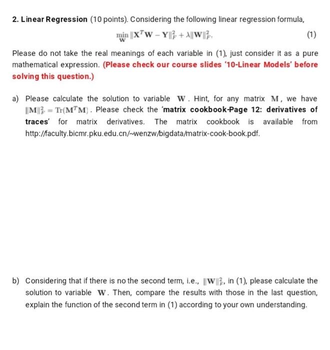 Solved 2. Linear Regression (10 points). Considering the | Chegg.com