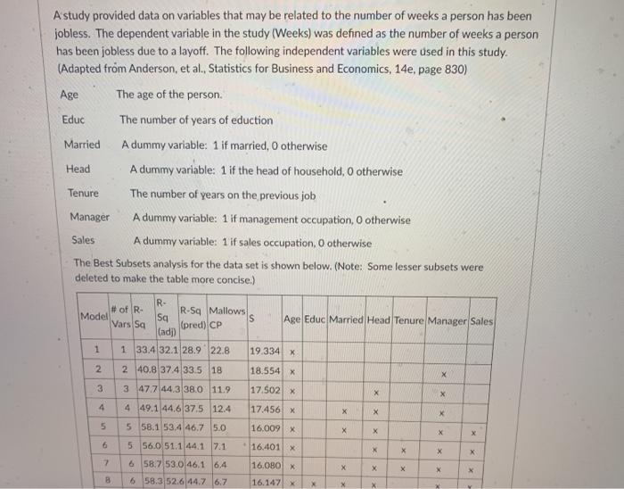 Solved A study provided data on variables that may be | Chegg.com