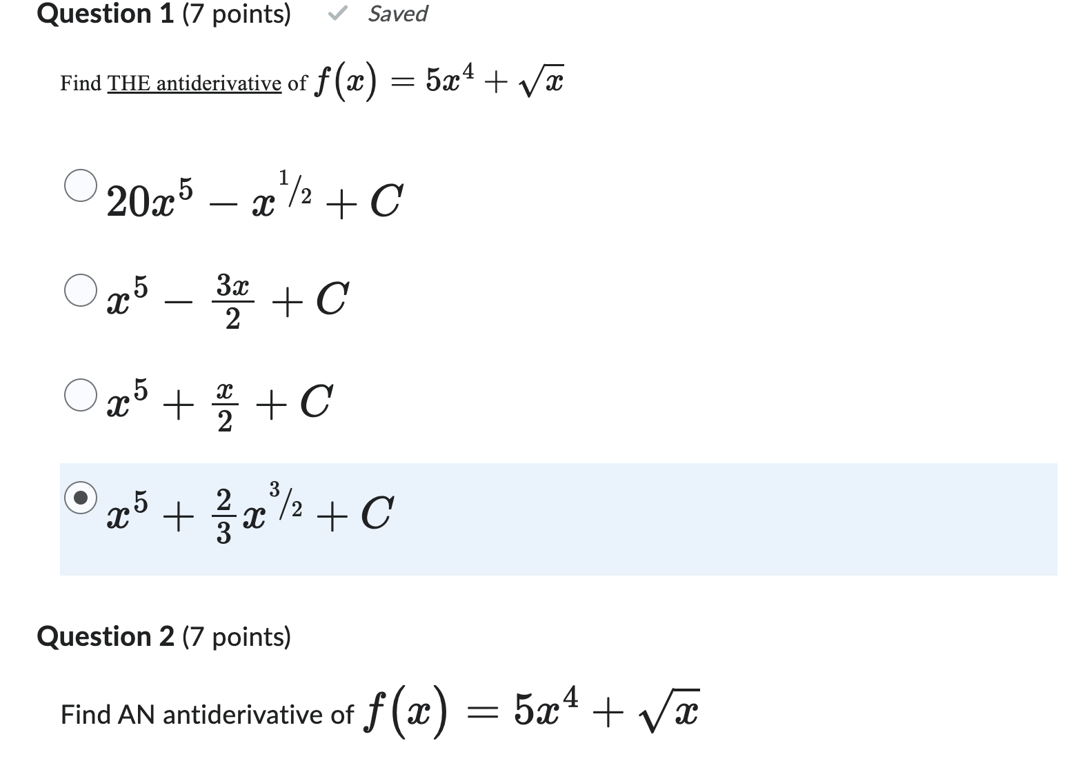 Solved Question 1 (7 ﻿points)Find THE antiderivative of | Chegg.com
