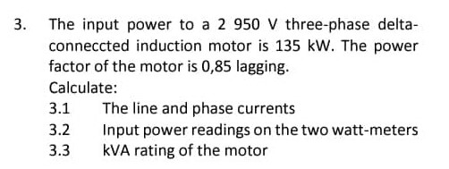 Solved The input power to a 2950V ﻿three-phase | Chegg.com