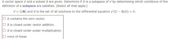 Solved A vector space V and a subset S are given. Determine | Chegg.com