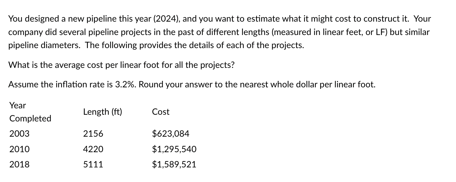 Solved You designed a new pipeline this year (2024), ﻿and | Chegg.com