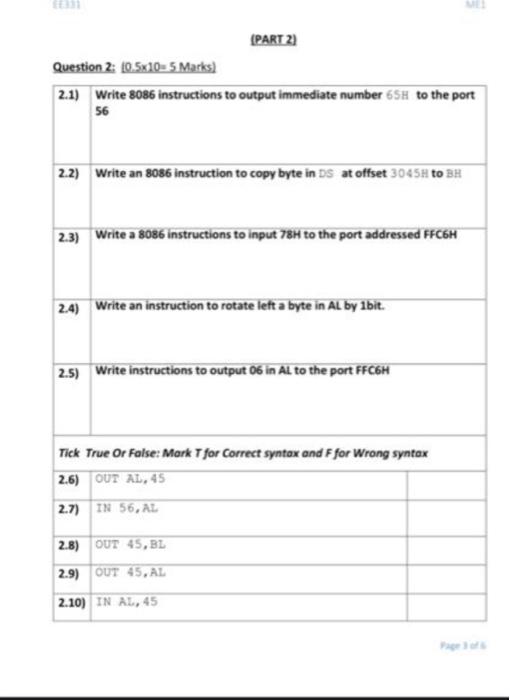 Solved (PART 2) Question 2: [0.5×10=5 Marks) | Chegg.com