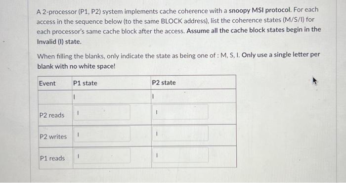 Solved A 2-processor (P1, P2) system implements cache | Chegg.com