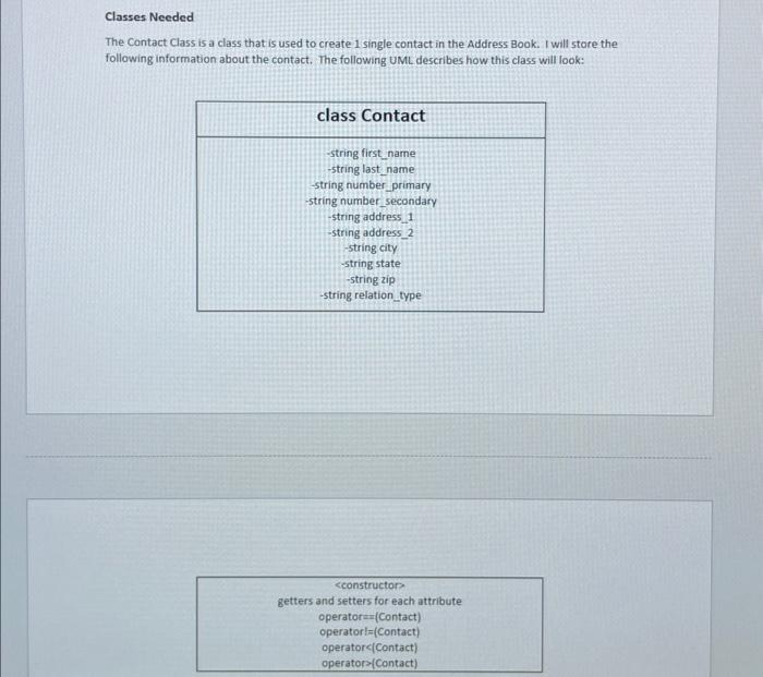 Solved Classes Needed The Contact Class is a class that is | Chegg.com