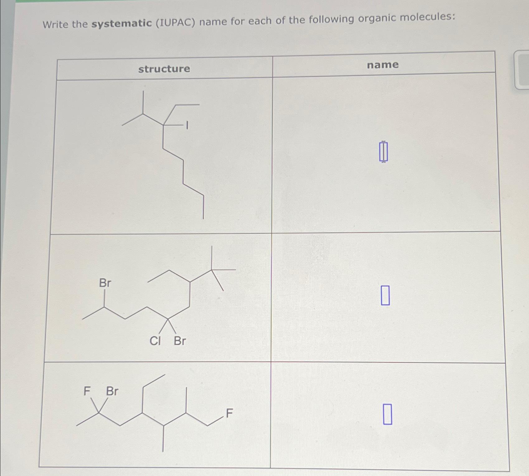 Solved Write the systematic (IUPAC) ﻿name for each of the | Chegg.com