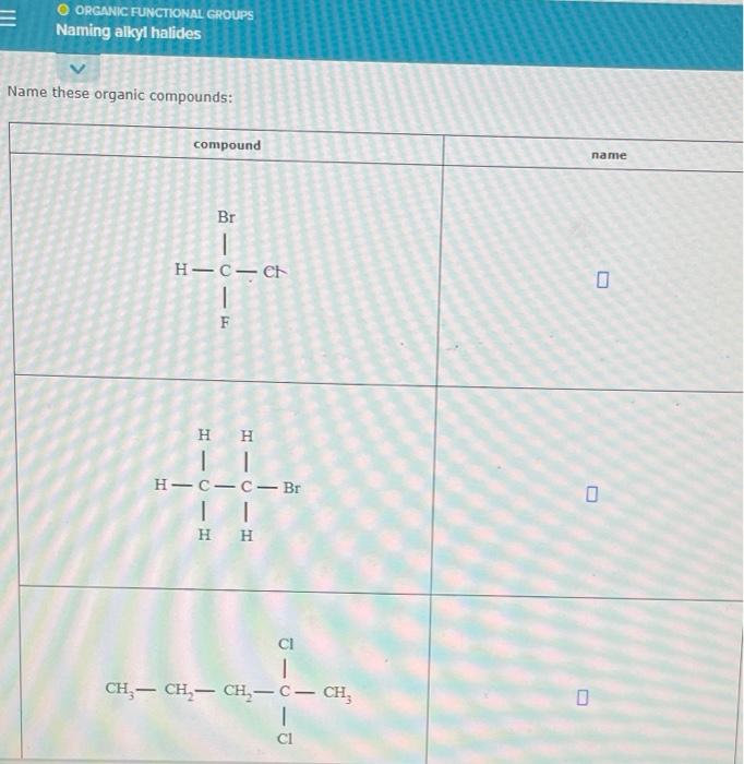 Solved O ORGANIC FUNCTIONAL GROUPS Naming alkyl halides Name | Chegg.com