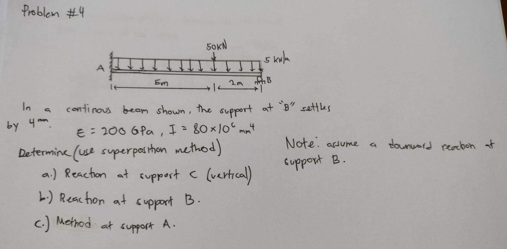 Solved In a continous beam shown, the support at " B " | Chegg.com
