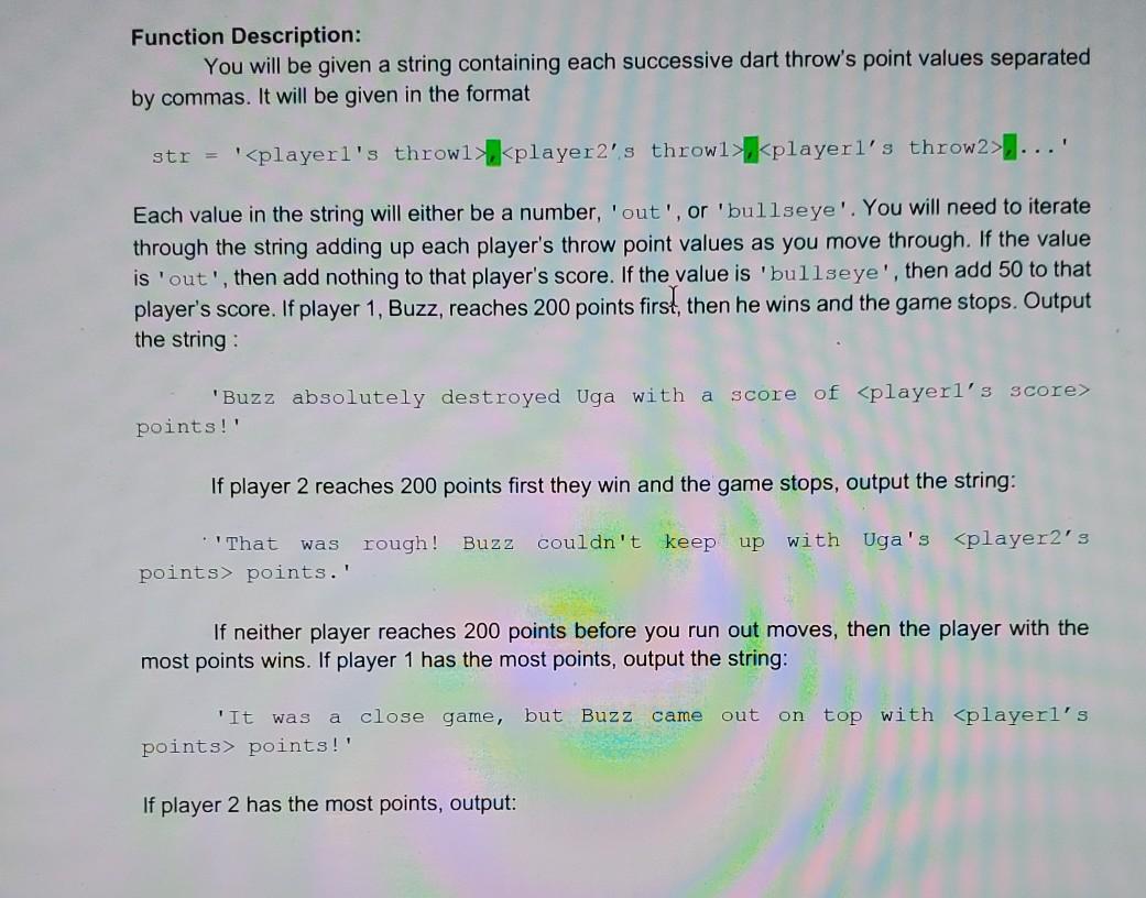 Solved Function Name: mascotDarts Inputs: 1. (char) 1xN | Chegg.com