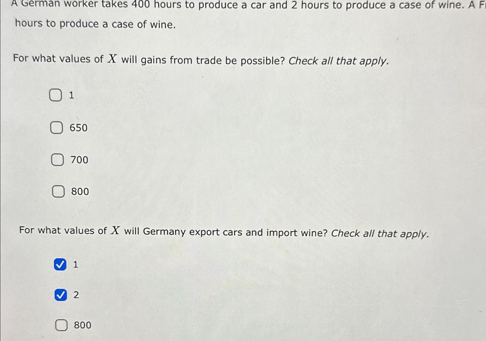 Solved A German worker takes 400 ﻿hours to produce a car and | Chegg.com