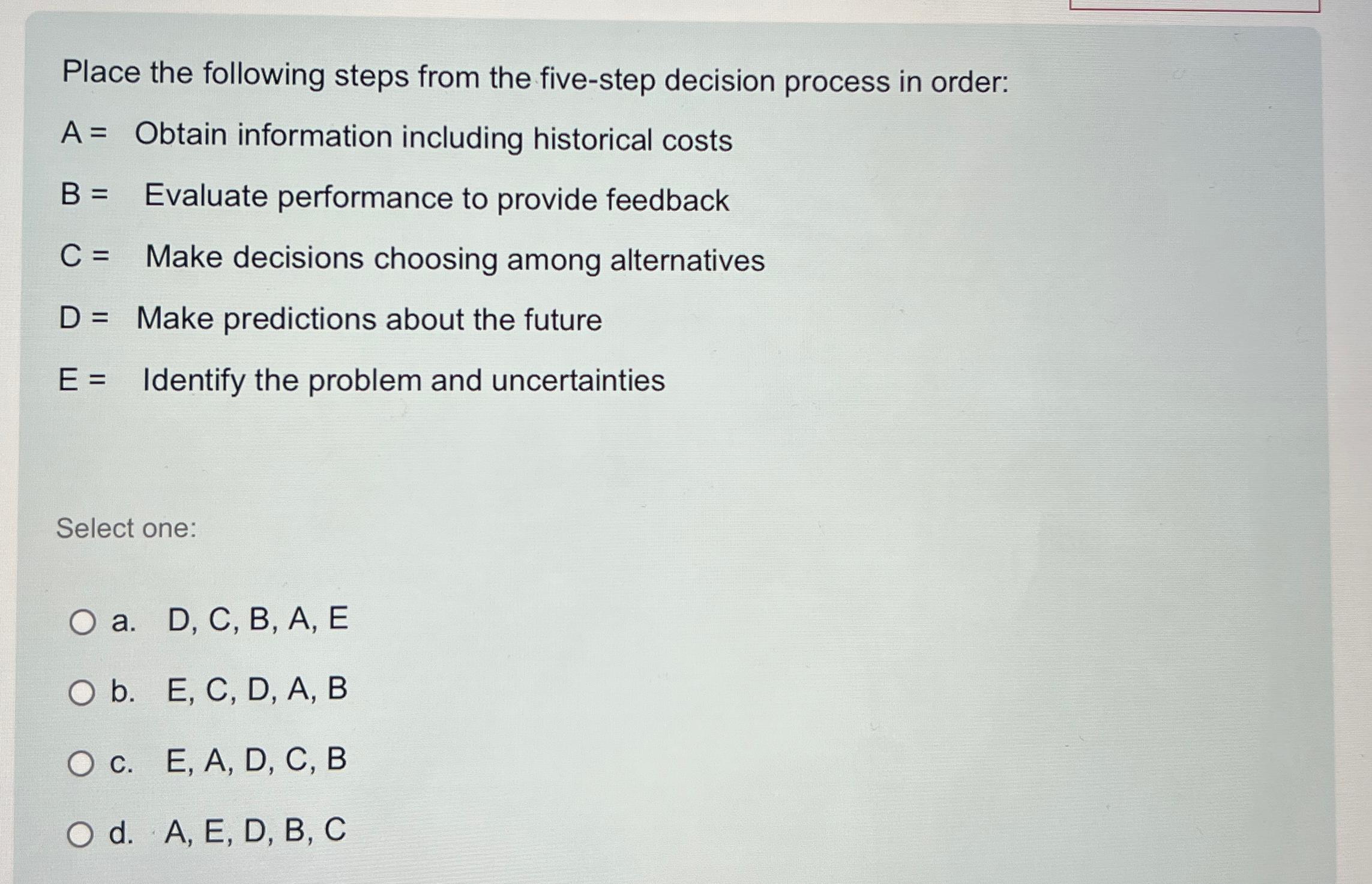 Solved Place the following steps from the five-step decision | Chegg.com