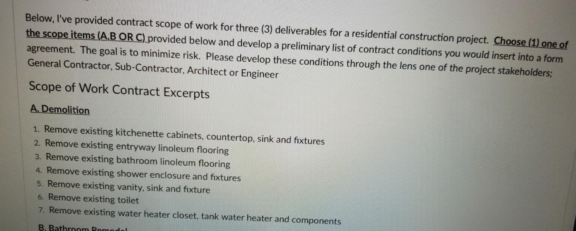 Solved Below, I've provided contract scope of work for three | Chegg.com