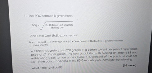 Solved The EOQ formula is given here: ﻿EOQ | Chegg.com