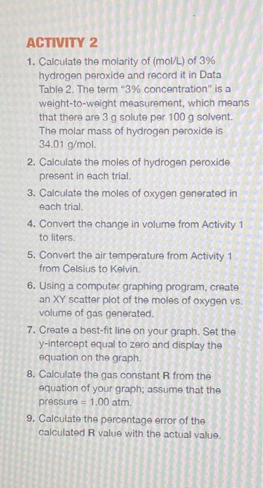 Solved ACTIVITY 2 1. Calculate the molarity of (mol/L) of 3% | Chegg.com Solved ACTIVITY 2 1. Calculate the molarity of (mol/L) of 3% | Chegg.com