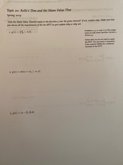 Solved Topic 20: Rolle's Thm and the Mean Value Thm Spring | Chegg.com