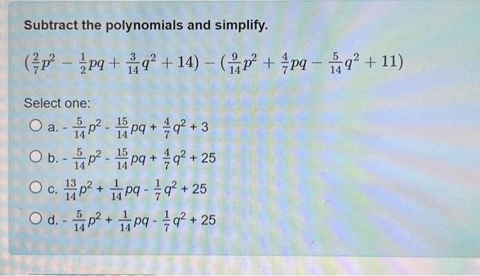 Solved Subtract the polynomials and simplify. \\[ | Chegg.com