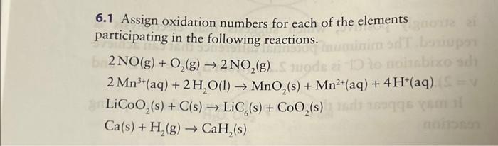 Solved 6.1 Assign oxidation numbers for each of the elements | Chegg.com