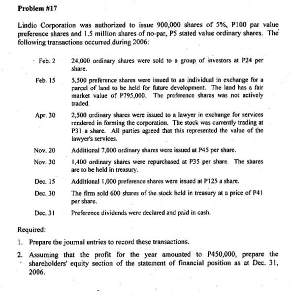 Solved Problem \#17 Lindio Corporation was authorized to | Chegg.com