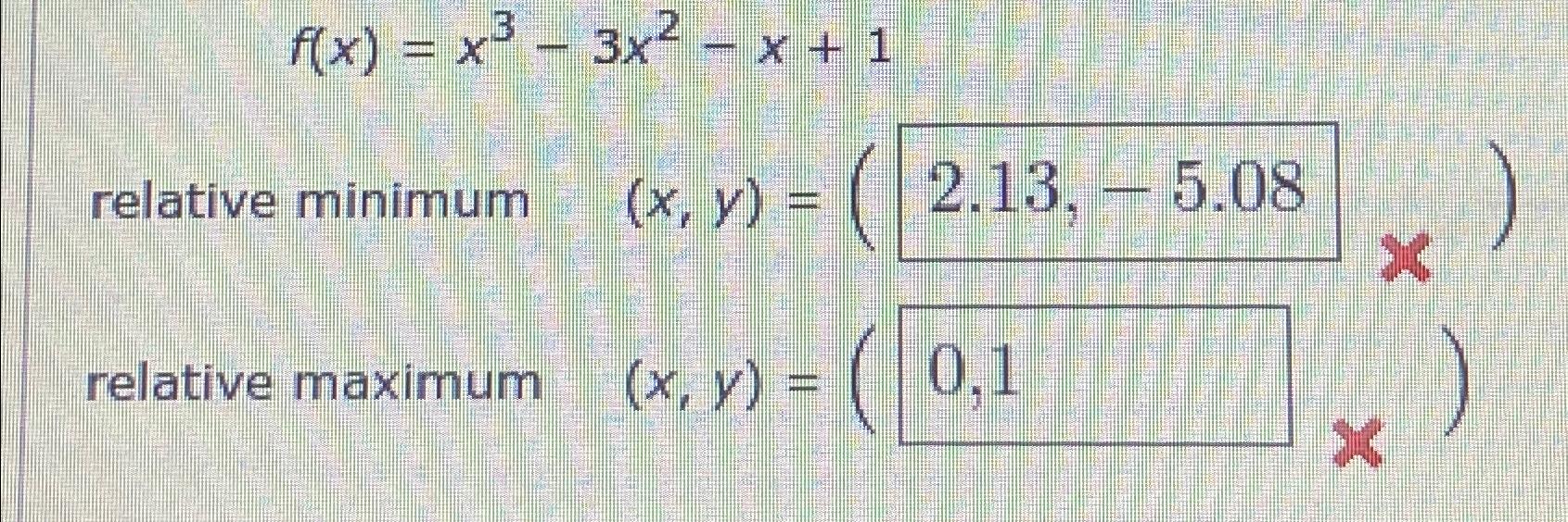 Solved f(x)=x3-3x2-x+1relative minimum ([,|]|)relative | Chegg.com