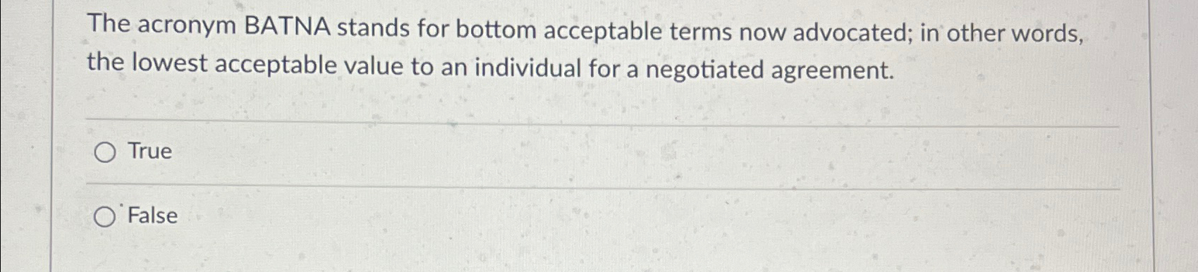 Solved The acronym BATNA stands for bottom acceptable terms | Chegg.com