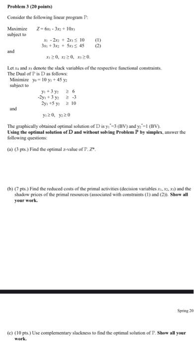 Consider the following linear program P: Maximize | Chegg.com