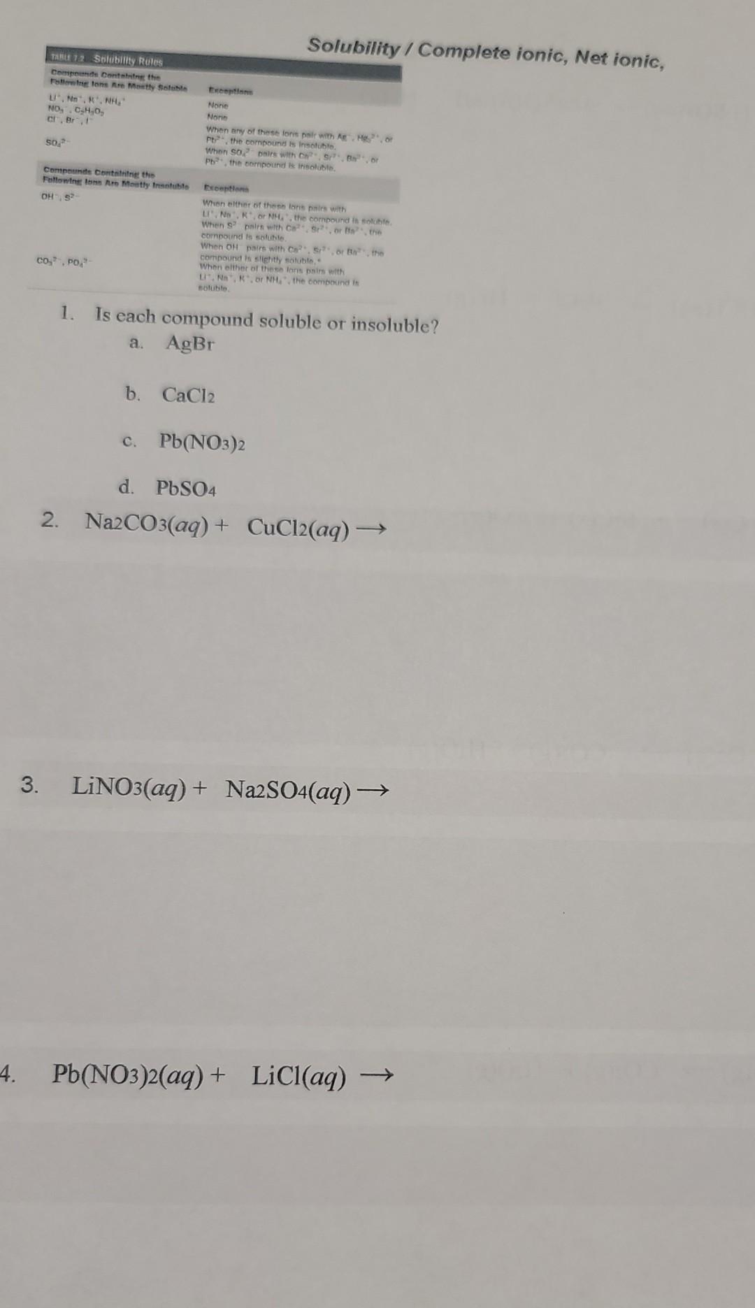 Solved Solubility / Complete ionic, Net ionic, TABLE 12 | Chegg.com