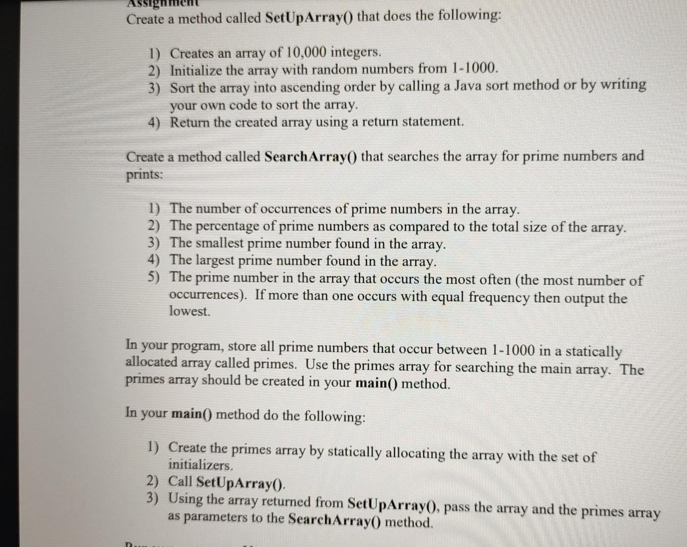 Solved Assignm Create A Method Called Setuparray That Does