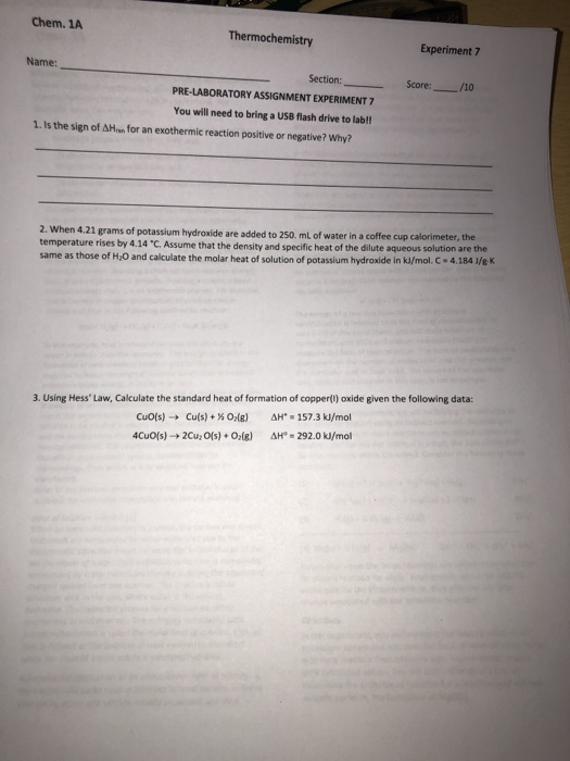 Solved Chem. 1A Thermochemistry Experiment 7 Name: Score: 10 | Chegg.com