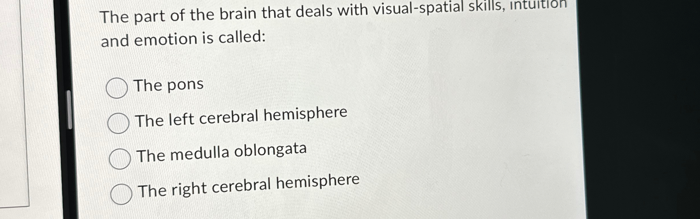 Solved The part of the brain that deals with visual-spatial | Chegg.com