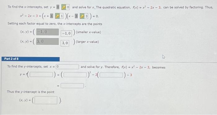 Solved To find the x-intercepts, set y = x² - 2x - Part 2 of | Chegg.com