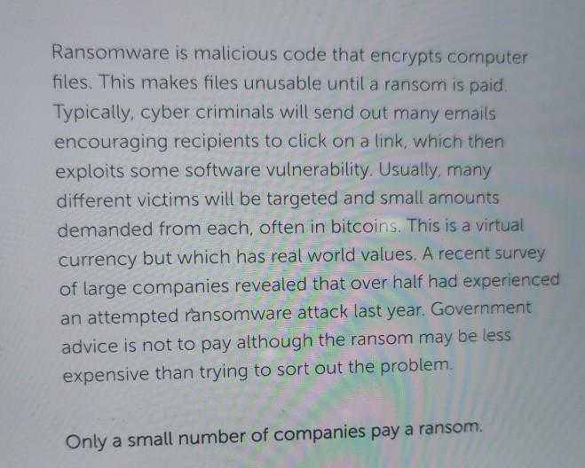 Solved Ransomware is malicious code that encrypts computer | Chegg.com