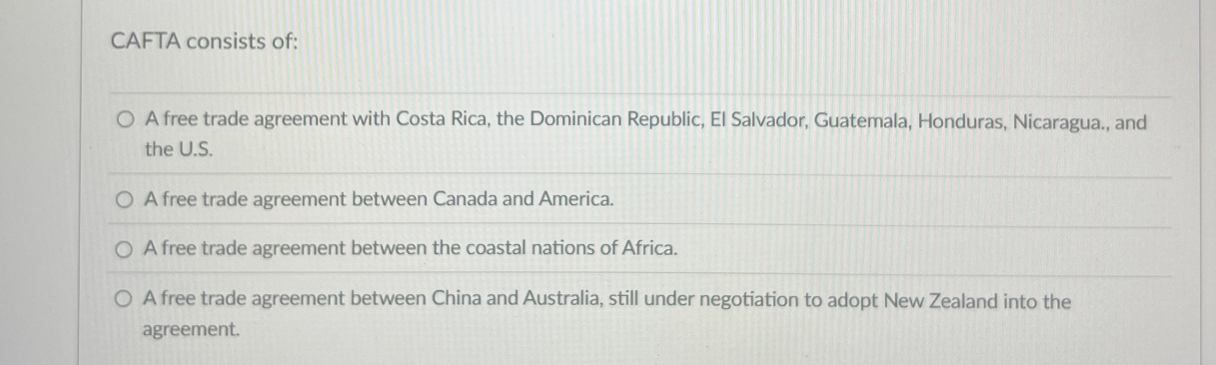 Solved CAFTA consists of:A free trade agreement with Costa | Chegg.com