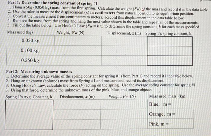 Solved Part 1: Determine the spring constant of spring #1 1. | Chegg.com